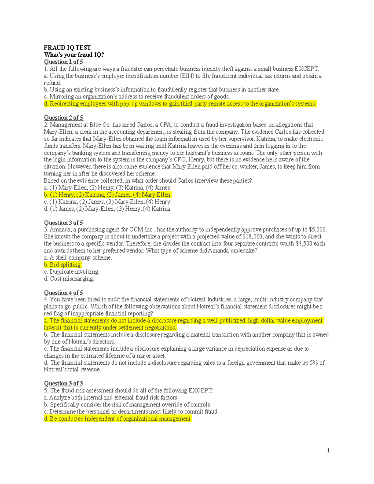 Fraud IQ TEST - FRAUD IQ TEST What’s your fraud IQ? Question 1 of 5 All ...