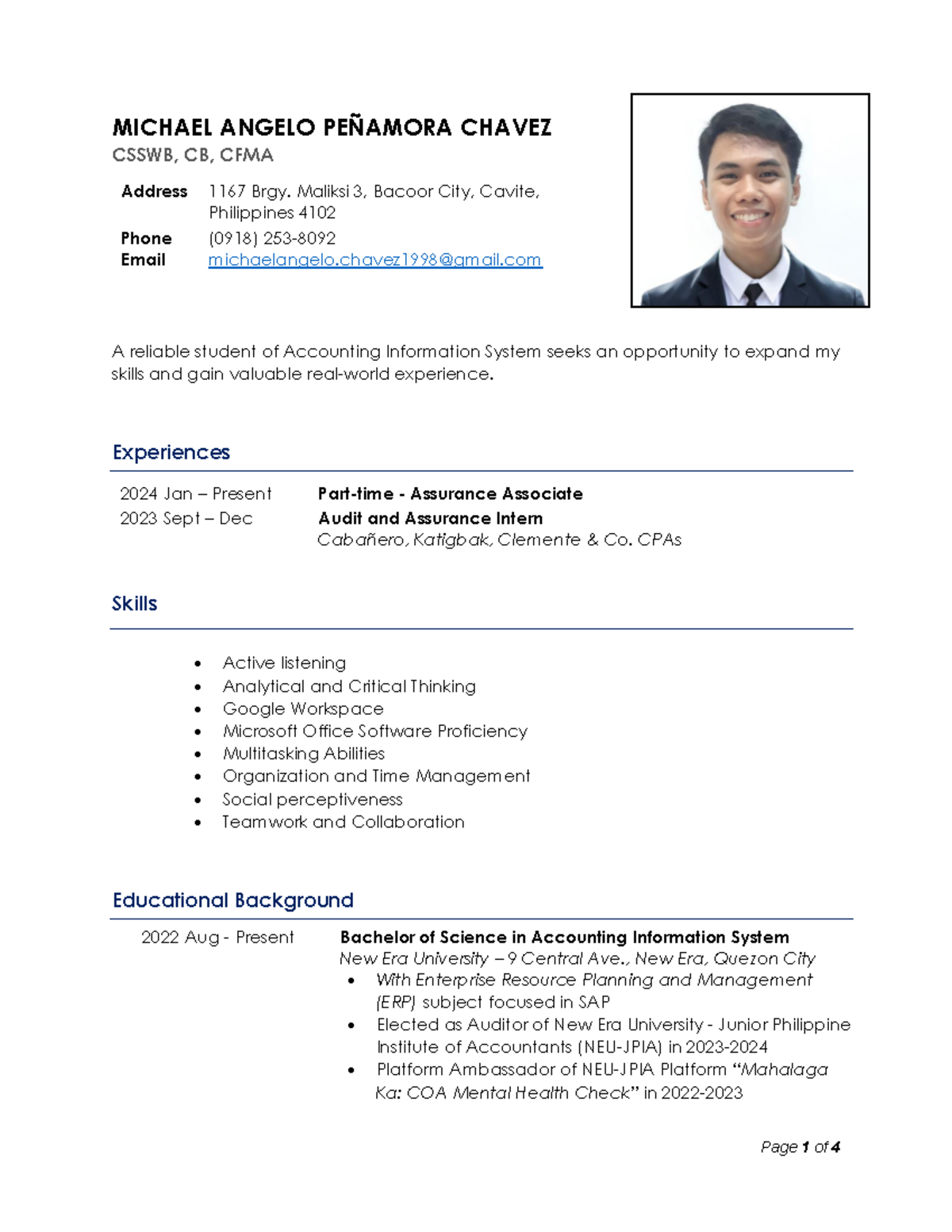 Resume Chavez-Michael-Angelo 19Mar2024 - MICHAEL ANGELO PEÑAMORA CHAVEZ ...