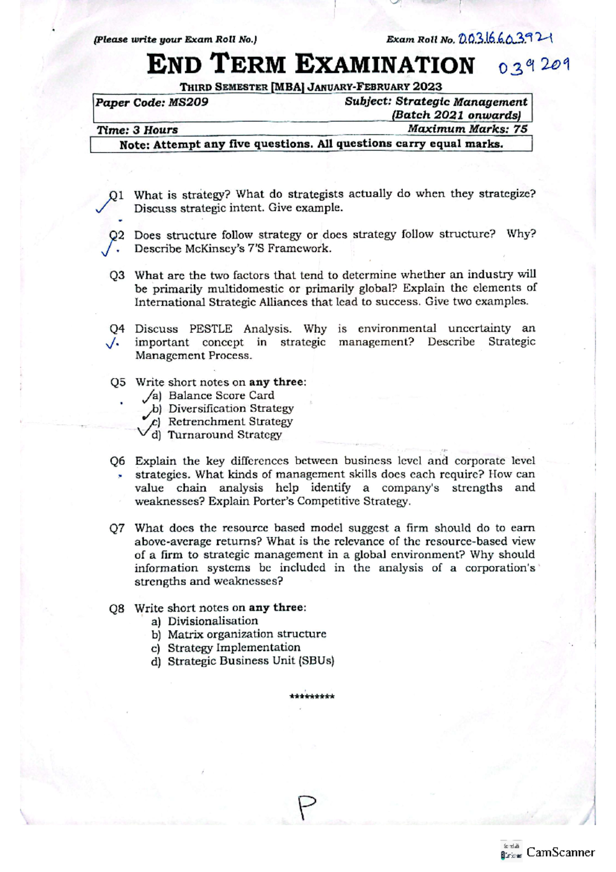 Previous year final papers - (Please write your Exam Roll No.) Exam ...