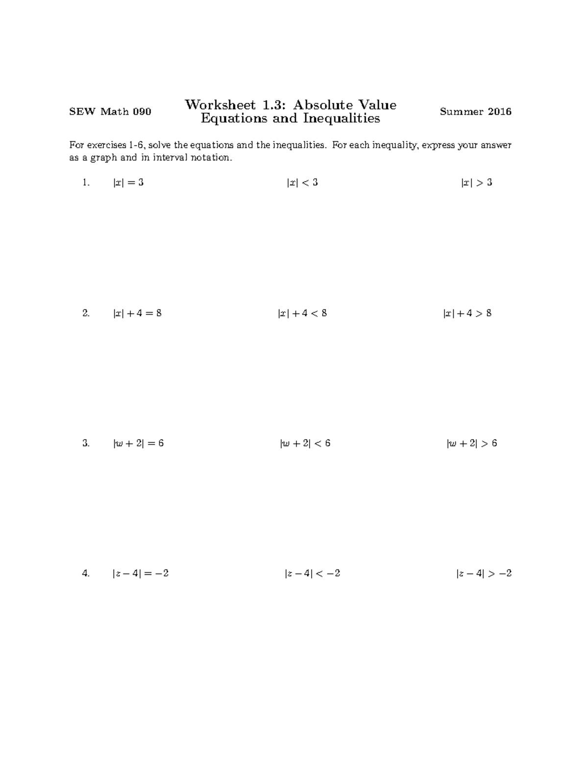 SEW Math worksheet 1.3 - SEW Math 090 Worksheet 1: Absolute Value ...