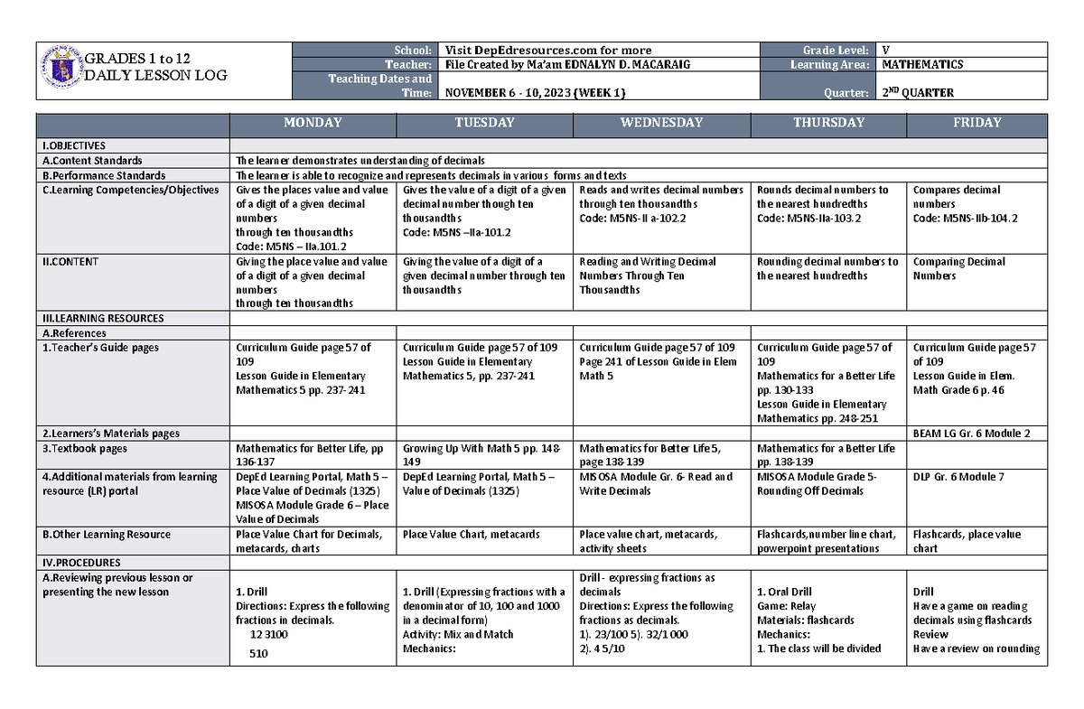 DLL Mathematics-5 Q2 W1 - GRADES 1 to 12 DAILY LESSON LOG School: Visit ...