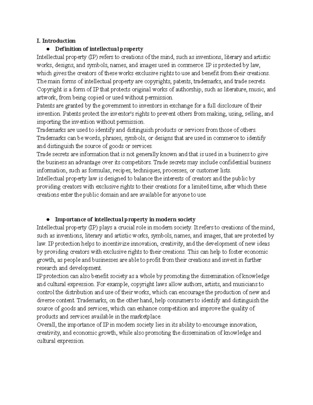 Intellectual Property Notes - I. Introduction Definition of ...