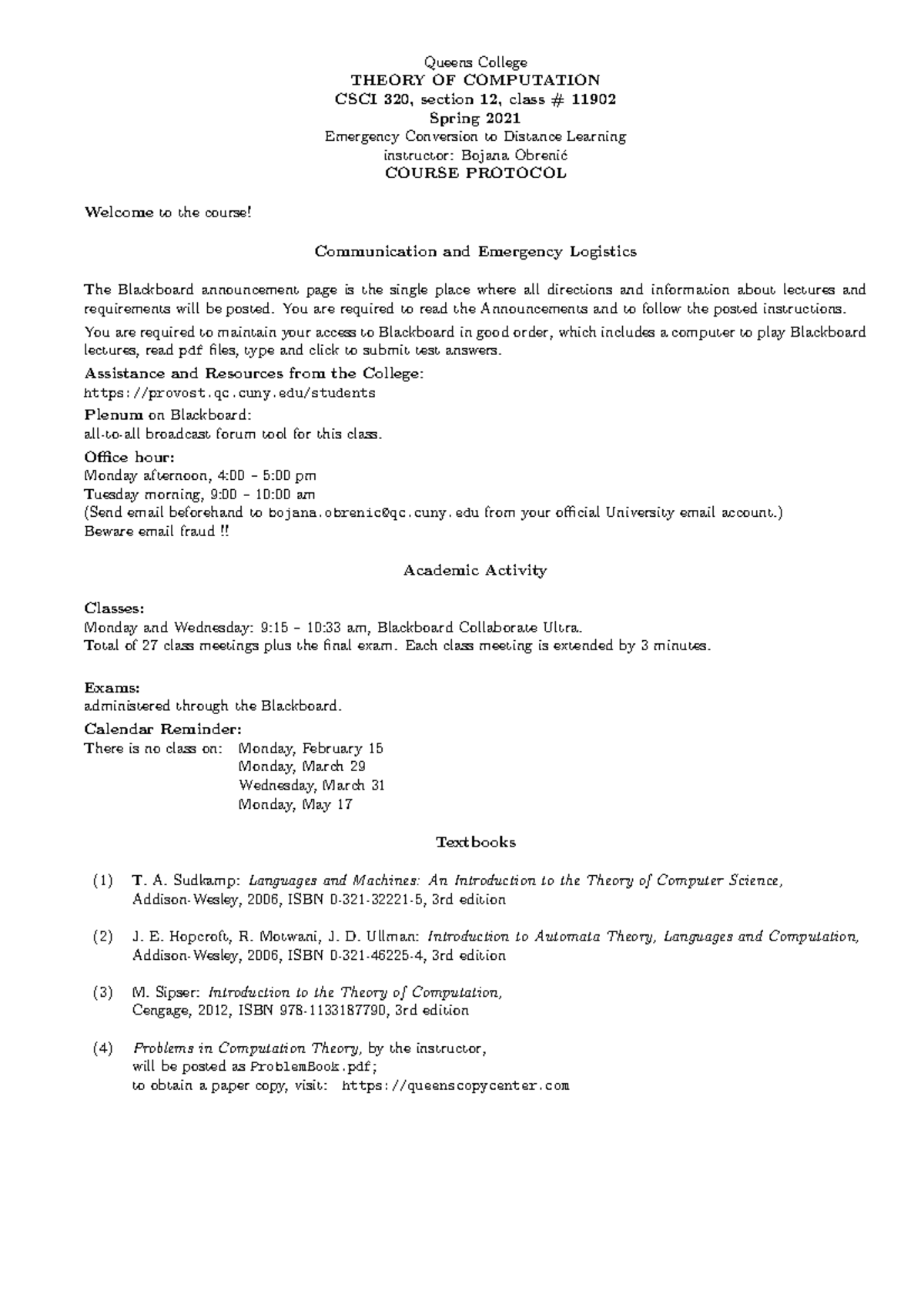 (CS320 Obrenic) Course Protocol - Queens College THEORY OF COMPUTATION CSCI 320, section 12 ...