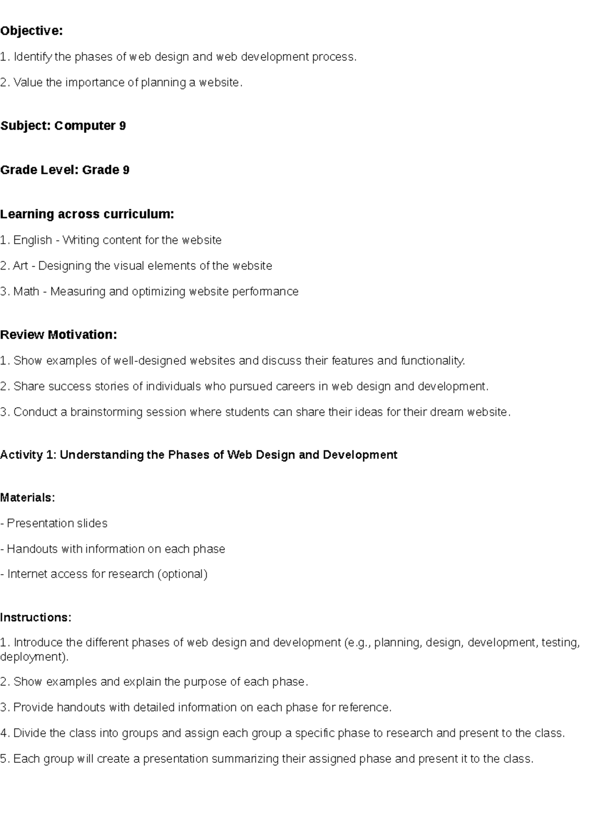 Lesson plan - Objective: Identify the phases of web design and web ...