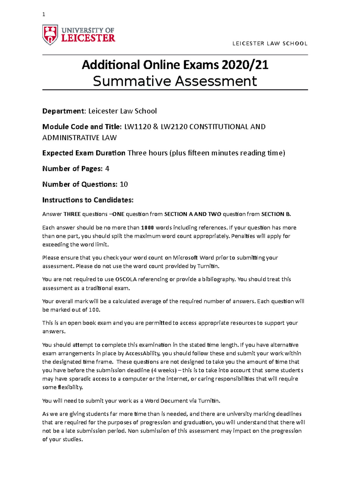 LW1120-2120 Constitutional and Administrative Law Additional Exam 2021 ...