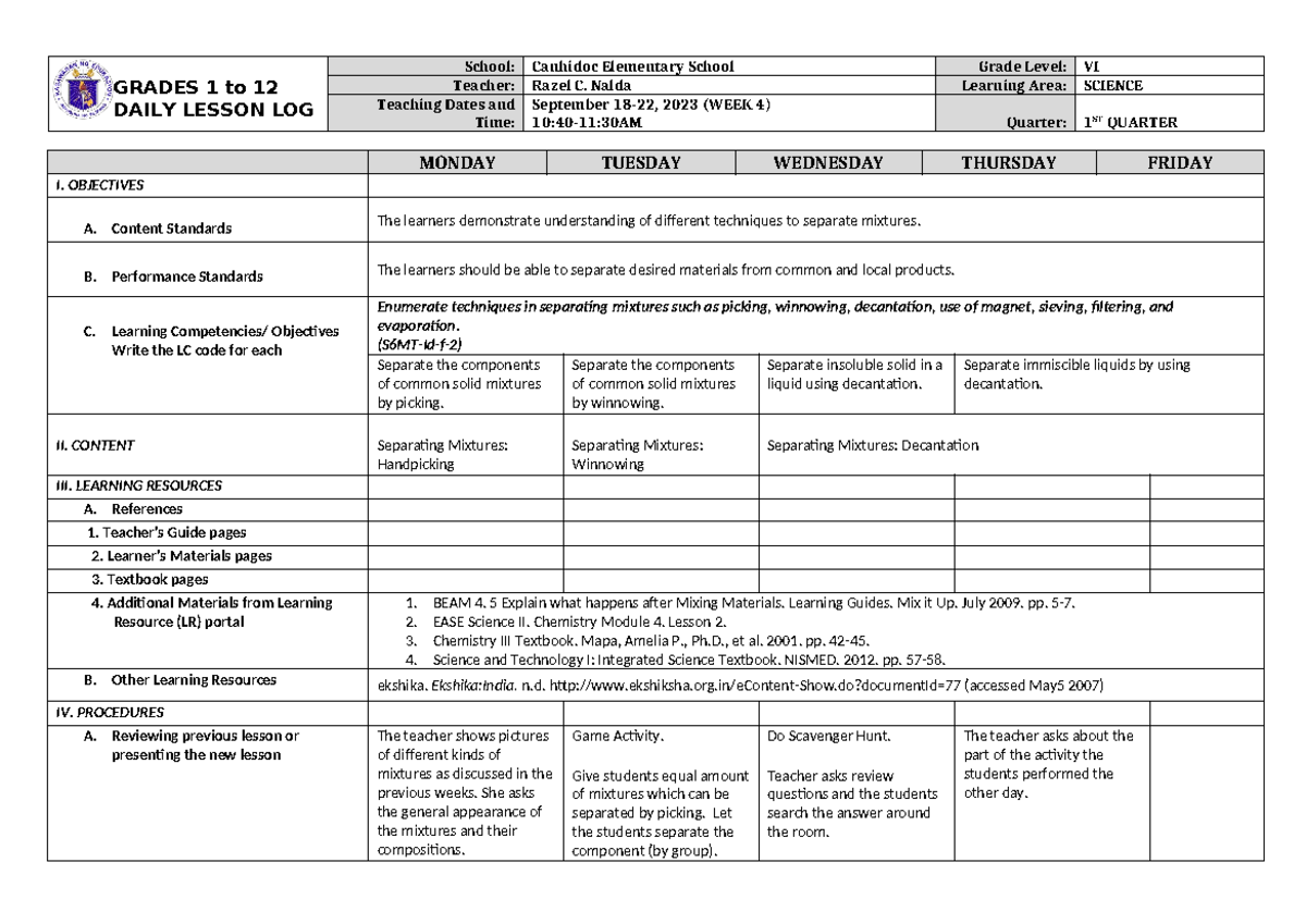 DLL Science 6 Q1 W4 - DLL - GRADES 1 to 12 DAILY LESSON LOG School ...