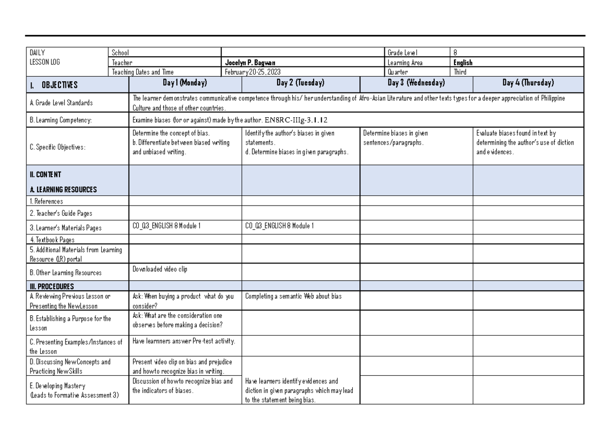 Quarter 3 week 1-1 - Fo teacher DLP - DAILY LESSON LOG School Grade ...