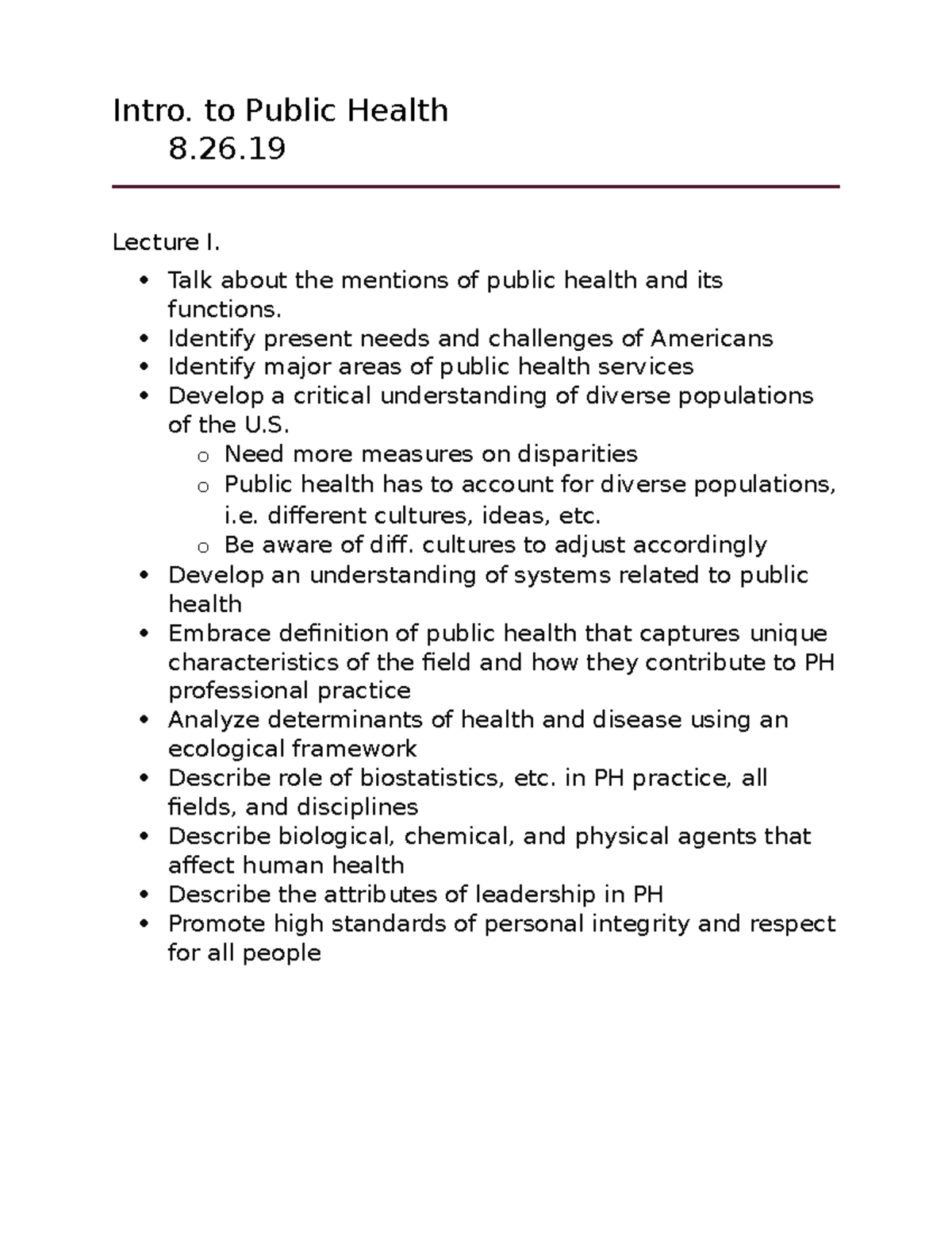 Lecture 1 -82619 - Intro. to Public Health 8. Lecture I. Talk about the ...