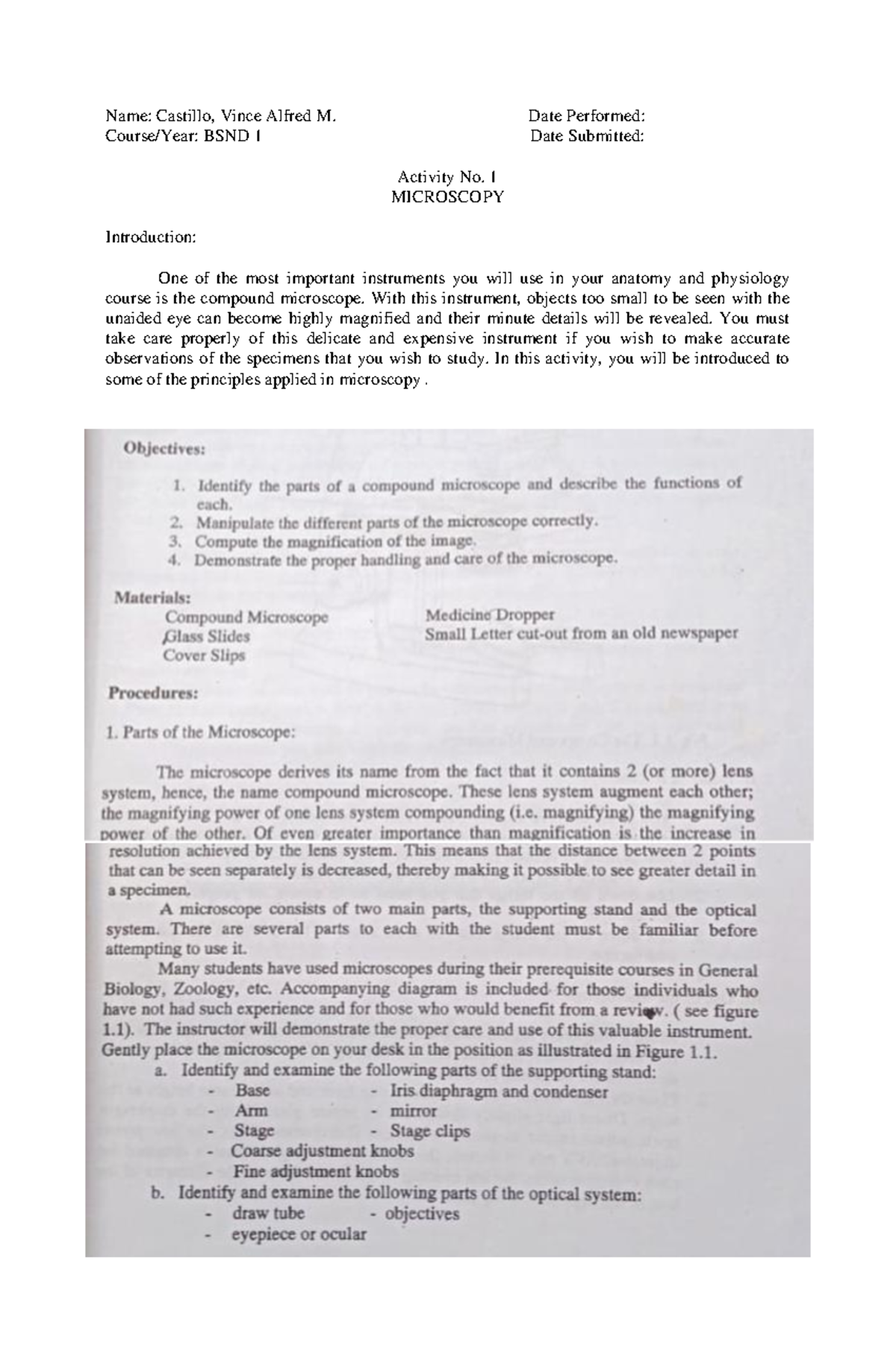 Activity 1. MIcroscopy Zoo 121.1 LAB - Name: Castillo, Vince Alfred M. Date Performed: Course ...