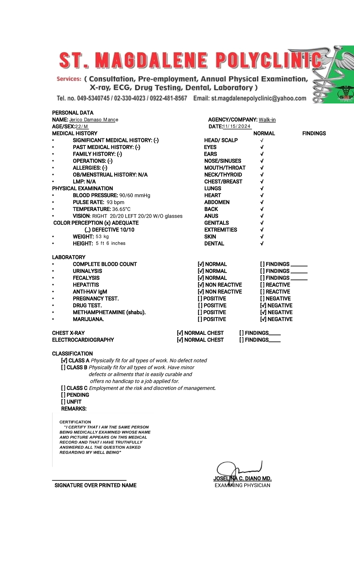 Jerico - Medical Sample - NORMAL FINDINGS • SIGNIFICANT MEDICAL HISTORY ...