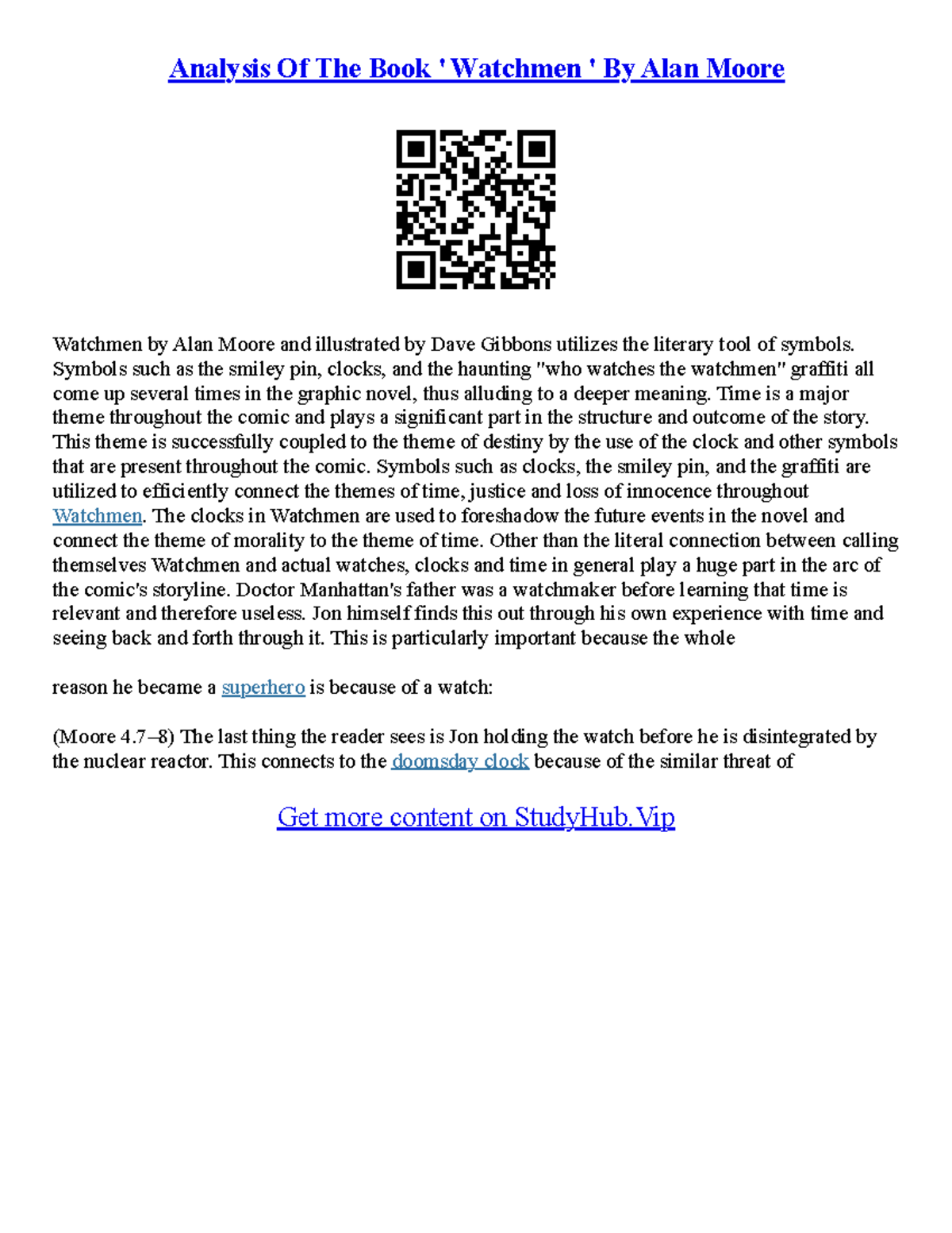 Watchmen Essay Watchmen Essay - Analysis Of The Book ' Watchmen ' By ...