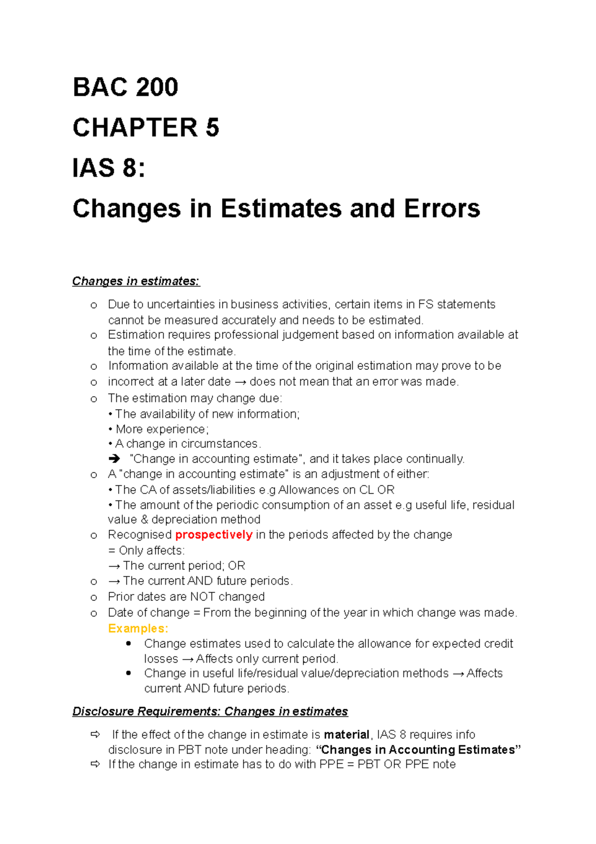 Chapter 5 - changes in estimates and errors - BAC 200 CHAPTER 5 IAS 8 ...