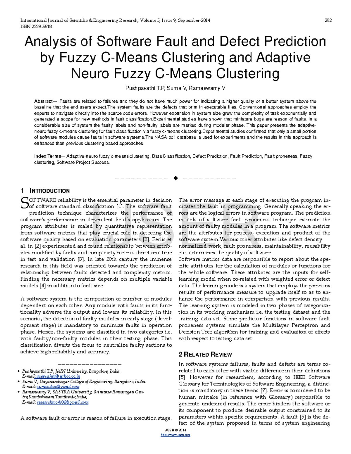 Analysis of Software Fault and Defect Prediction by Fuzzy C Means - ISSN 2229- IJSER © 2014 ...