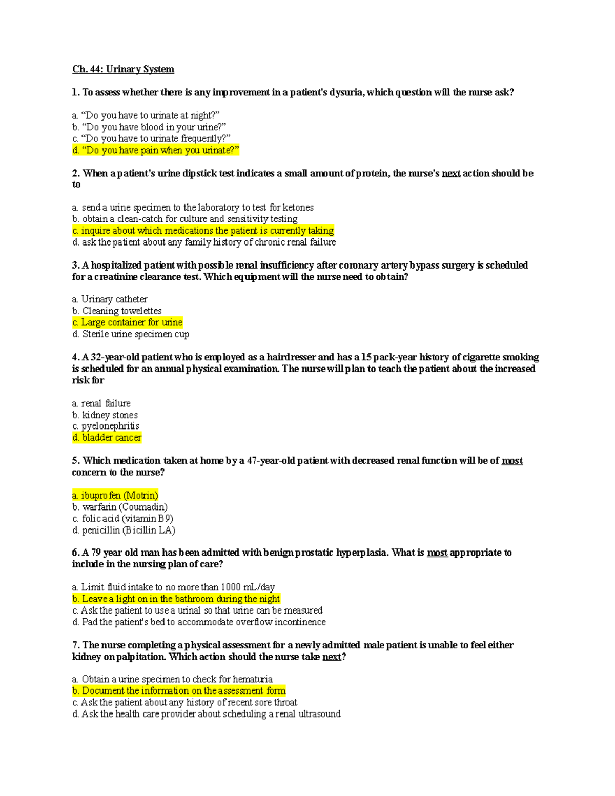 Chapter 44- Urinary System Testbank Answer Key - Ch. 44: Urinary System ...