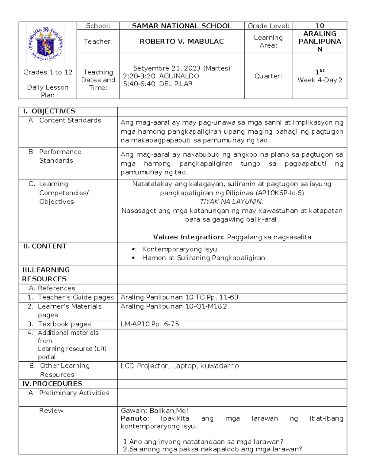 5-Review for ST NEW - 4As Lesson Plan In AP - Grades 1 to 12 Daily ...
