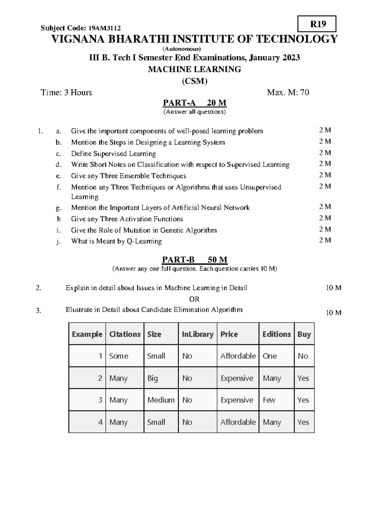 ML PYQ-3 - Subject Code: 19AM VIGNANA BHARATHI INSTITUTE OF TECHNOLOGY (Autonomous) III B. Tech ...
