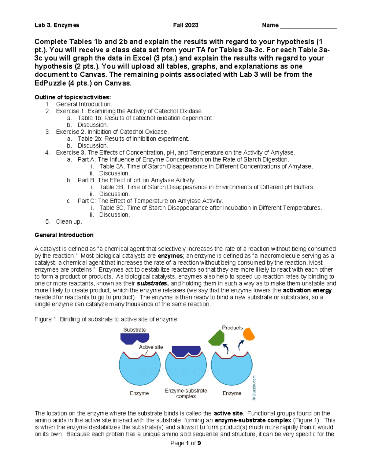 Lab 3 Enzymes Bio61 F24 - Bio Lab 3 - Complete Tables 1b and 2b and ...