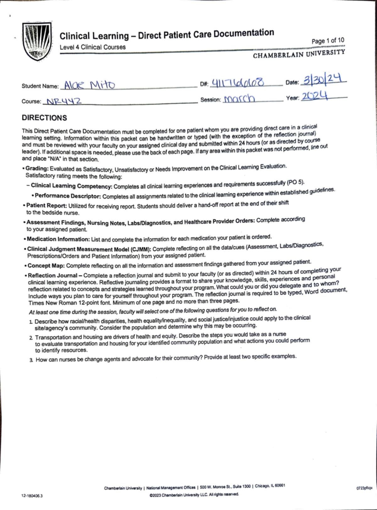 Nr 442 DPCD - Direct patient care document - Clinical Learning - Direct ...