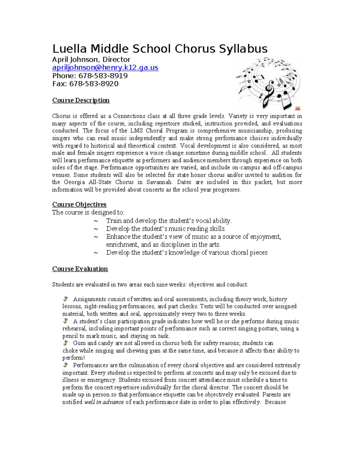 Luella middle school chorus syllabus - Luella Middle School Chorus ...