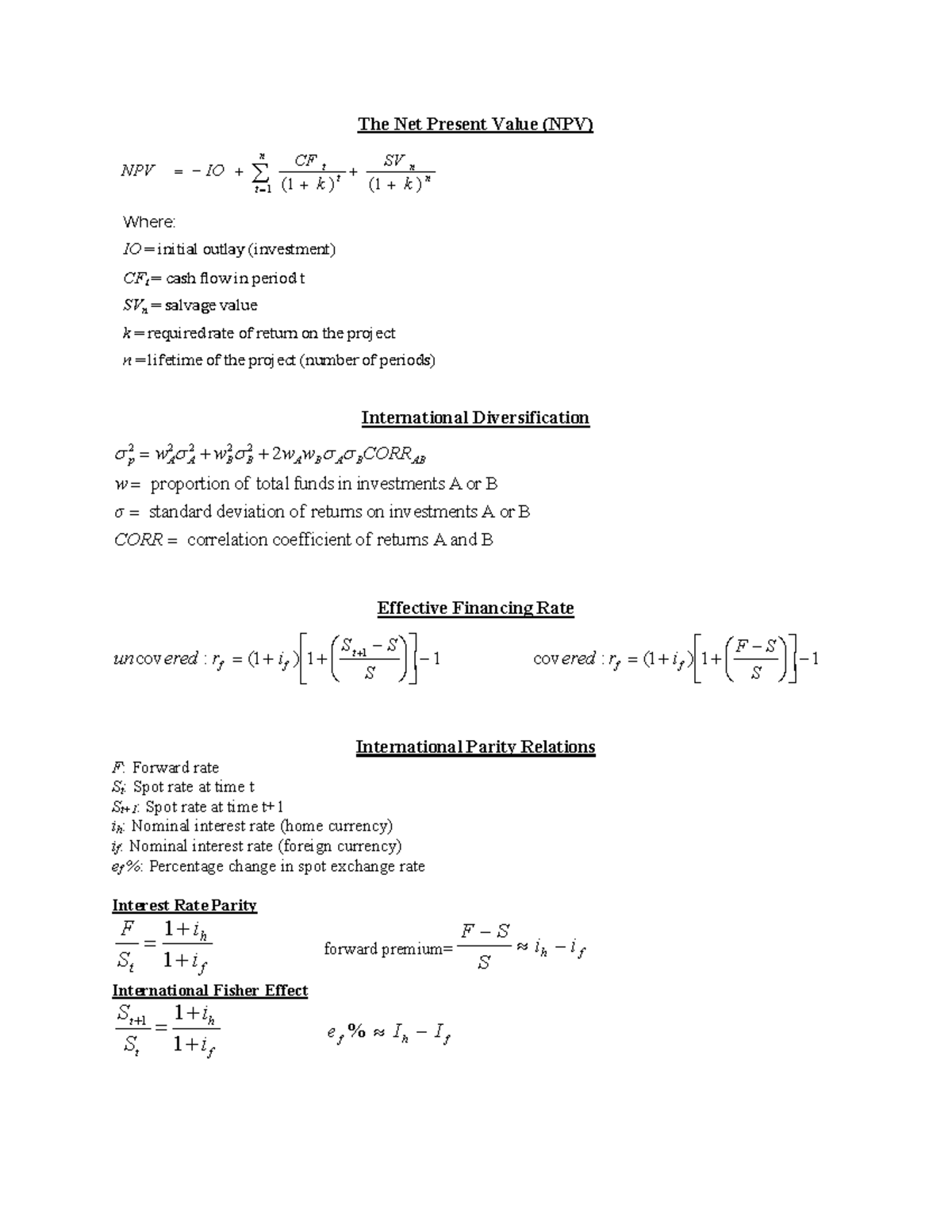 Formula Sheet-final - The Net Present Value (NPV) International ...