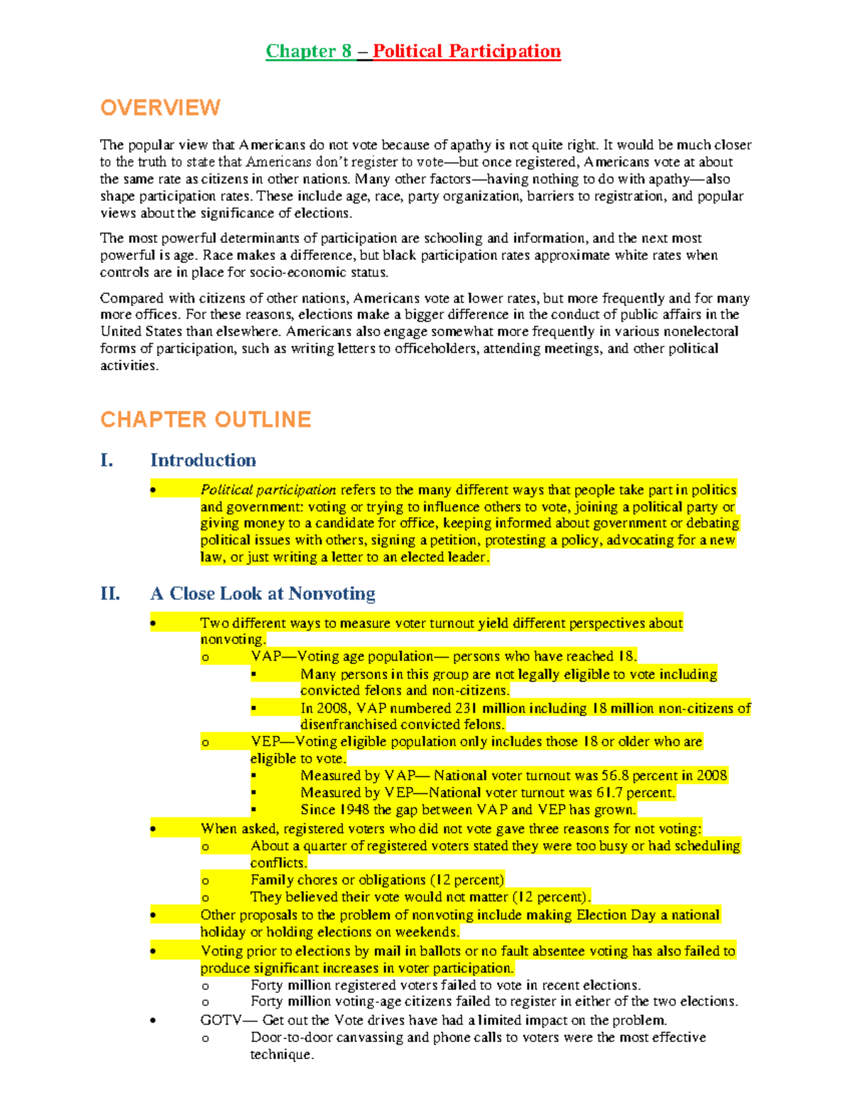 Ch08 Political Participation - Chapter 8 – Political Participation OVERVIEW The popular view ...