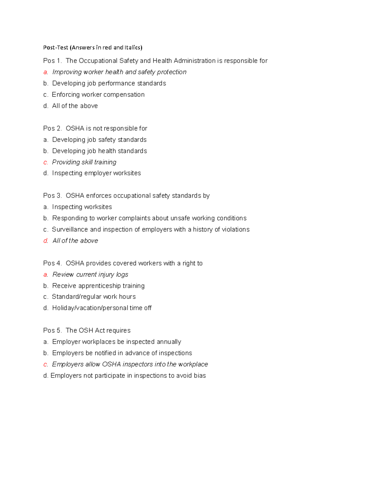 Cosh CO2 exam aswer - Post-Test (Answers in red and Italics) Pos 1. The ...