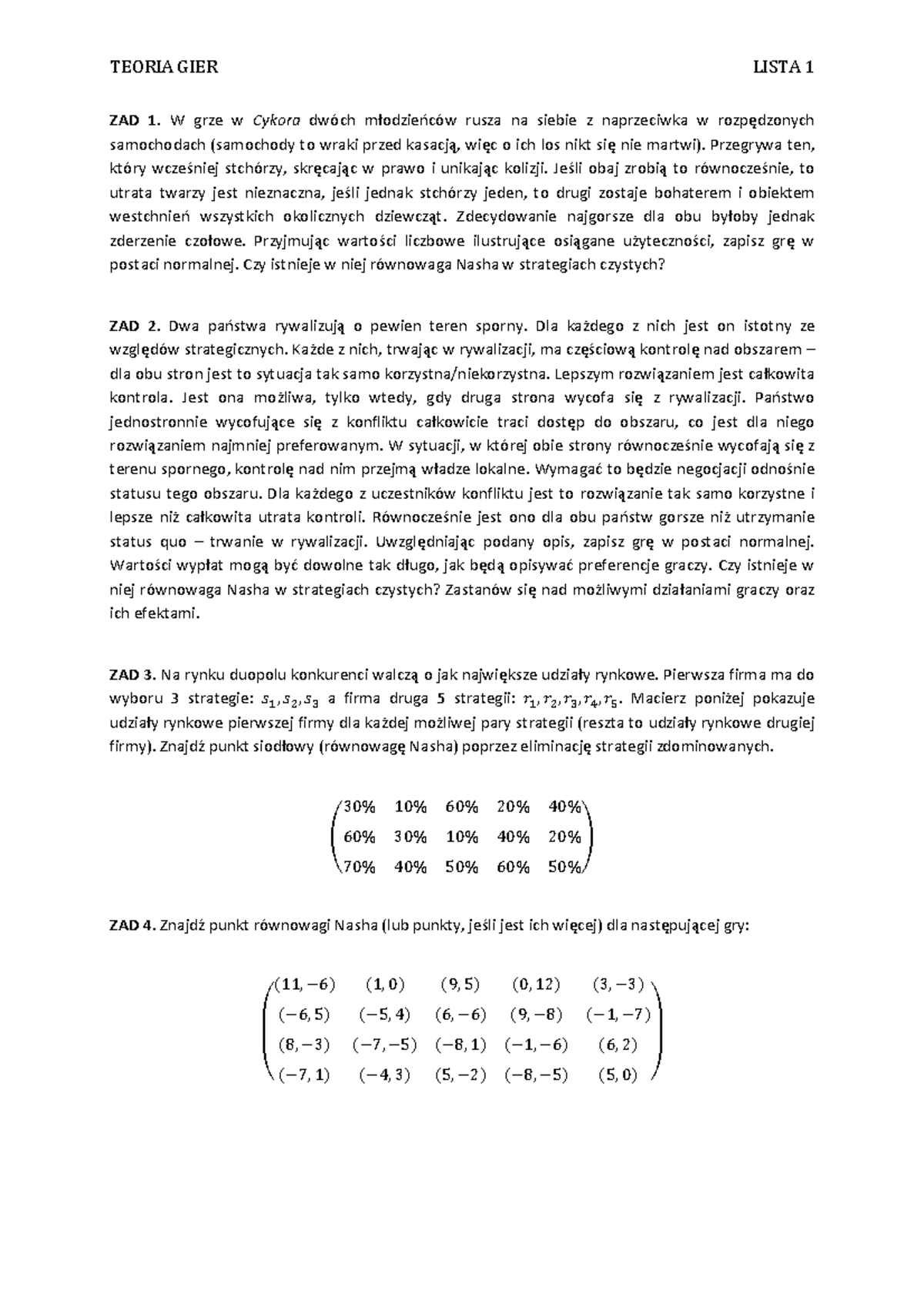 Teoria gier L1 - ! " # $ % & ' - Studocu