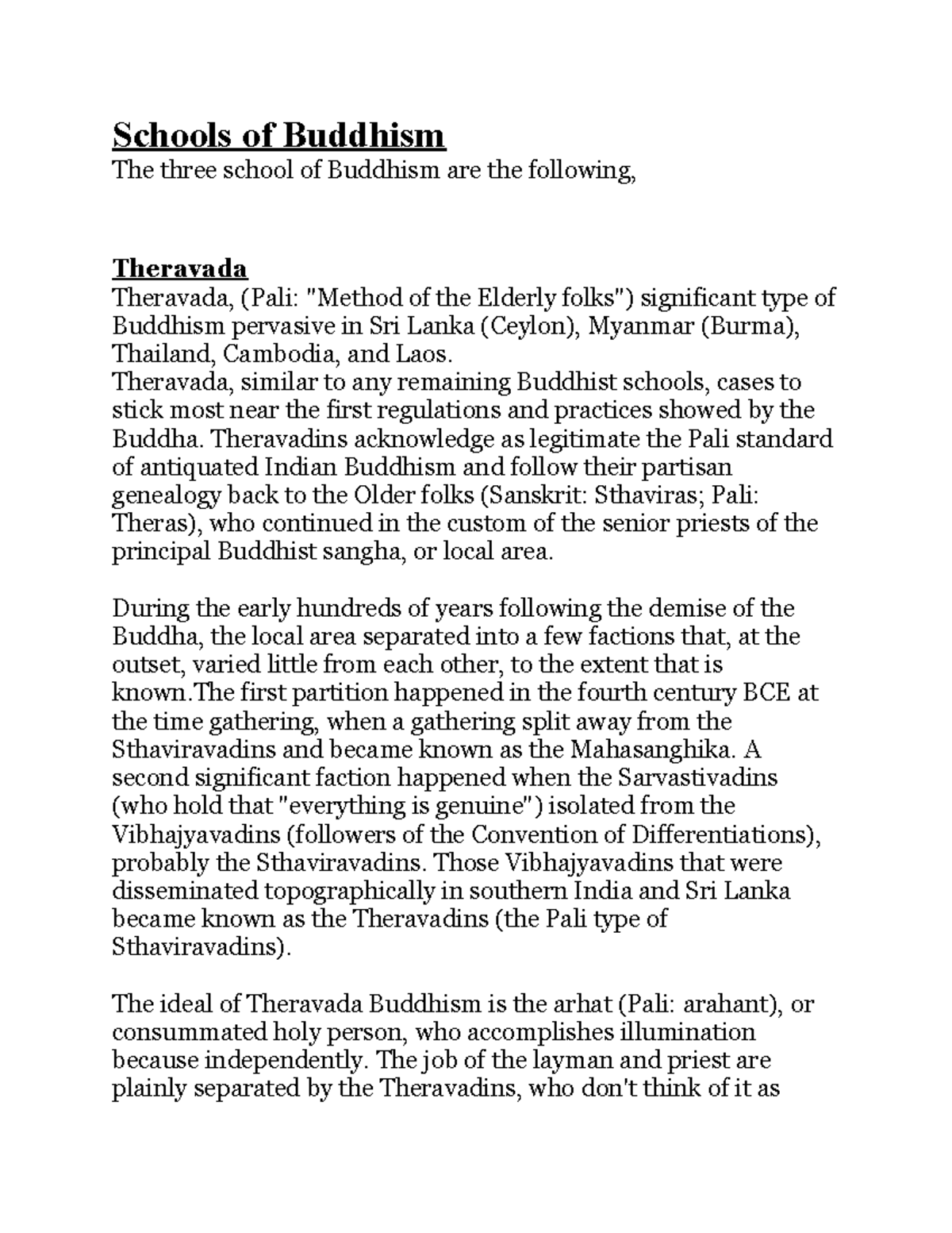 Schools of Buddhism - its a lecture note - Schools of Buddhism The ...