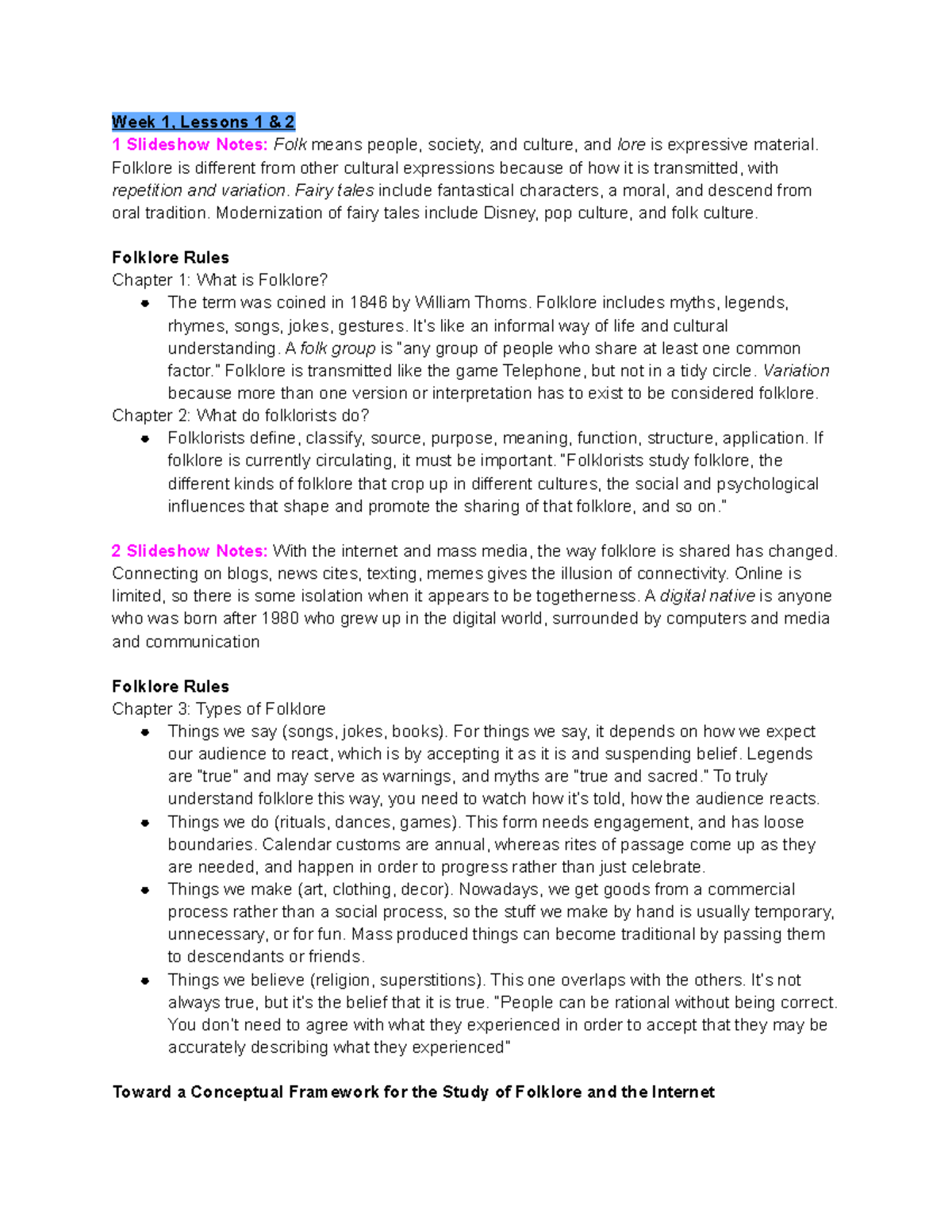 Folklore Notes - Professor Blank - Week 1, Lessons 1 & 2 1 Slideshow ...