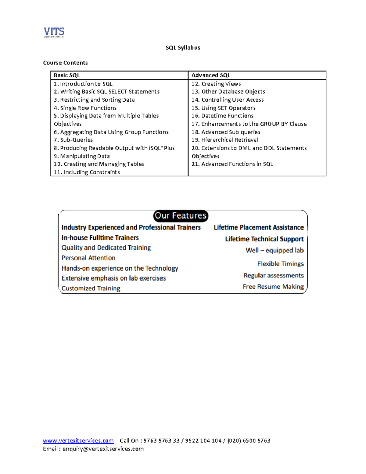 Sql Course Syllabus Information Vertexitservices Call On 9763 9763 33 9922 104 104 