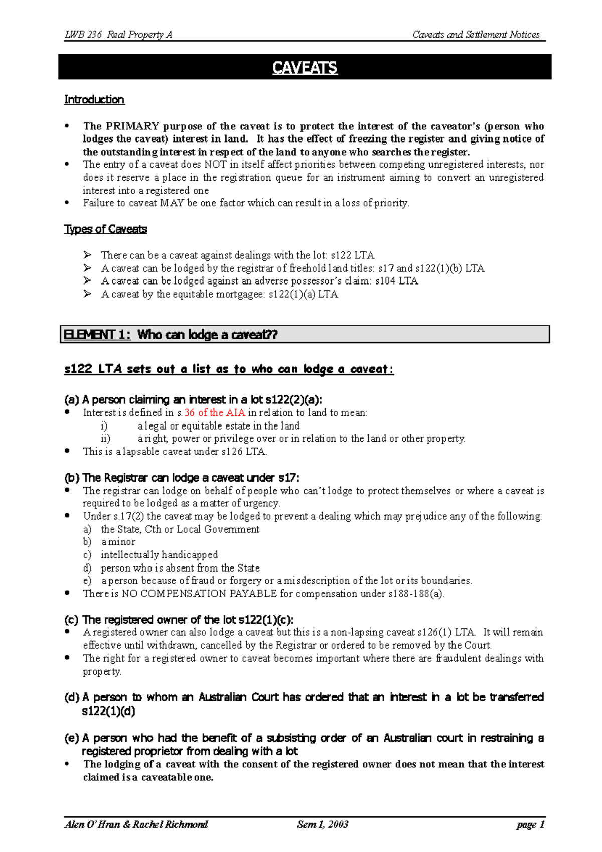 Caveats and Settlement Notices - CAVEATS Introduction The PRIMARY ...