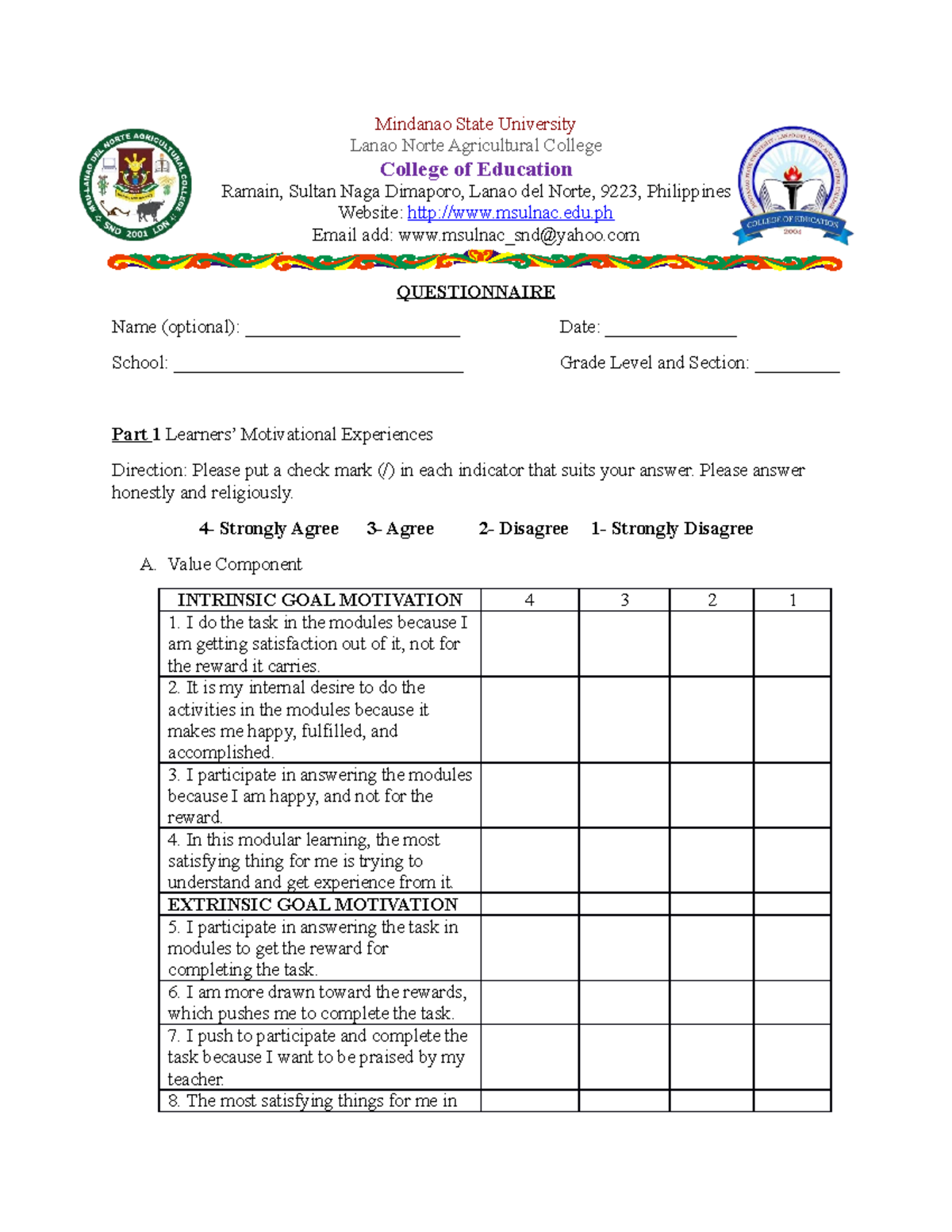 Questionnaire - Questioannaire - Mindanao State University Lanao Norte ...