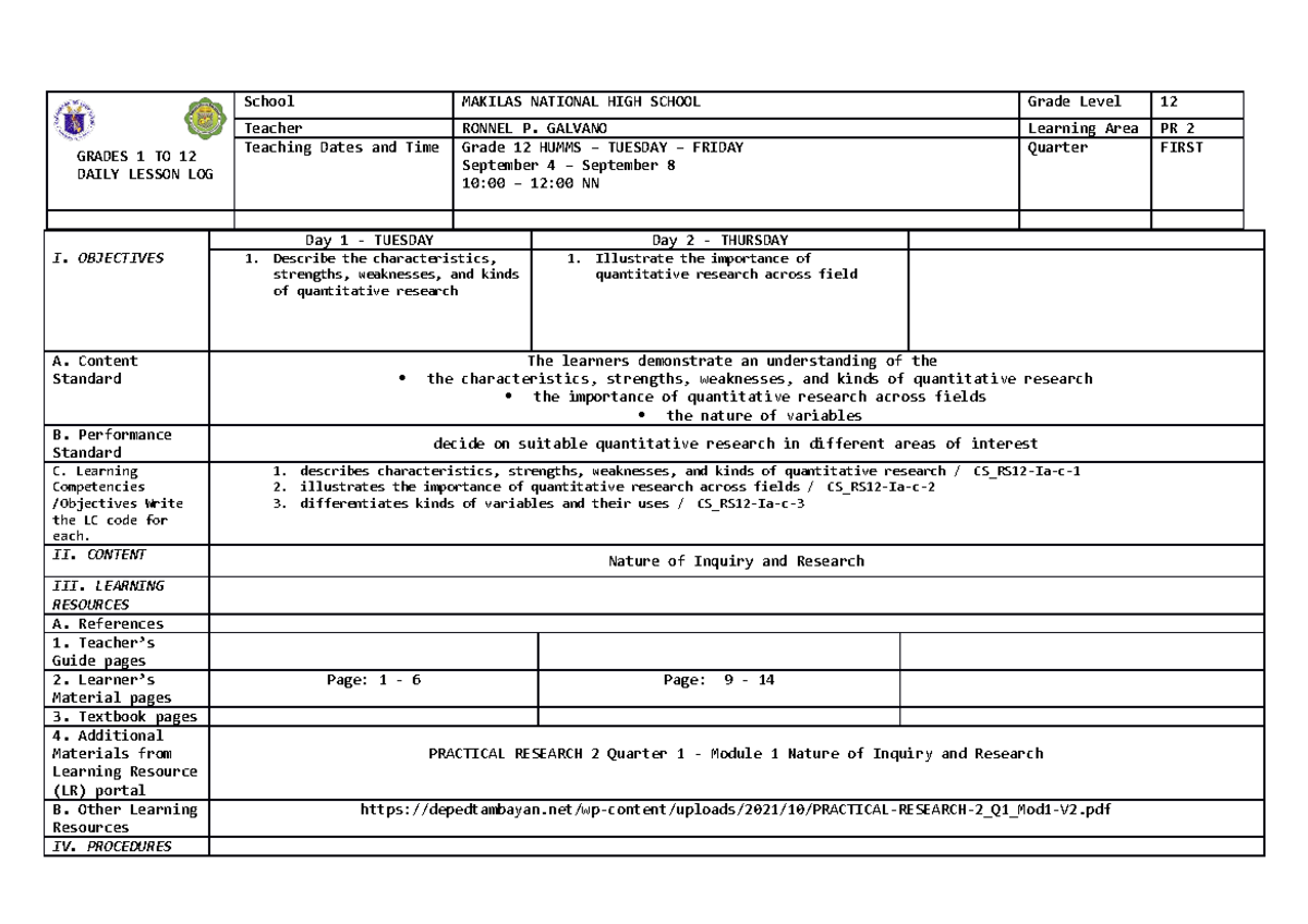 Daily Lesson Log - GRADES 1 TO 12 DAILY LESSON LOG School MAKILAS ...