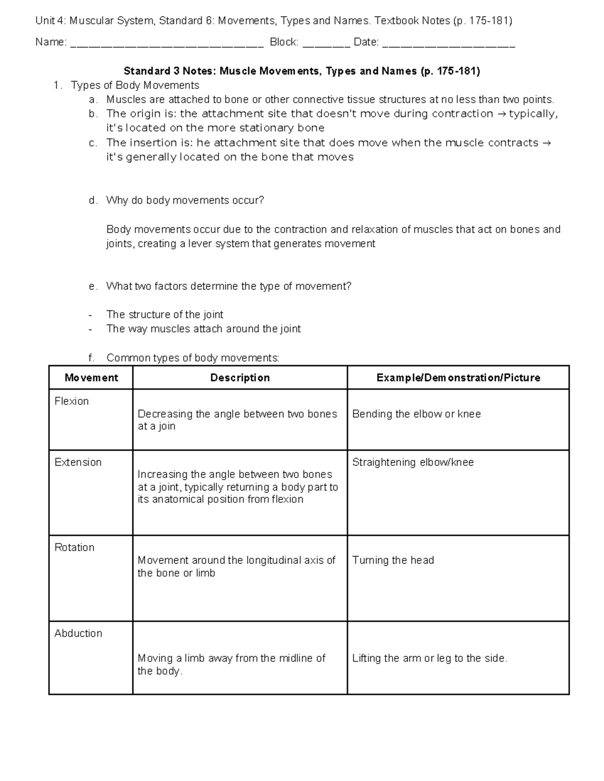 Copy of Std 3 Textbook Notes Muscle Movements - Unit 4: Muscular System ...