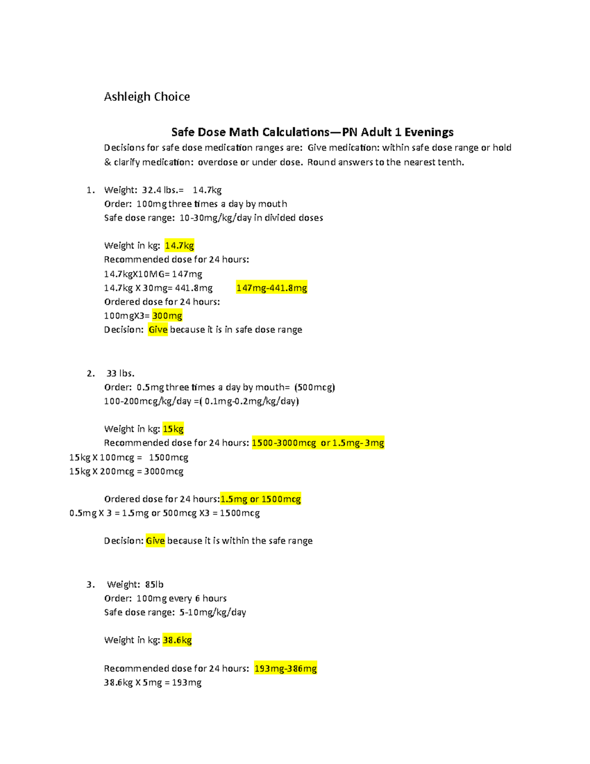 Choice safedose math - Ashleigh Choice Safe Dose Math Calculaions—PN ...