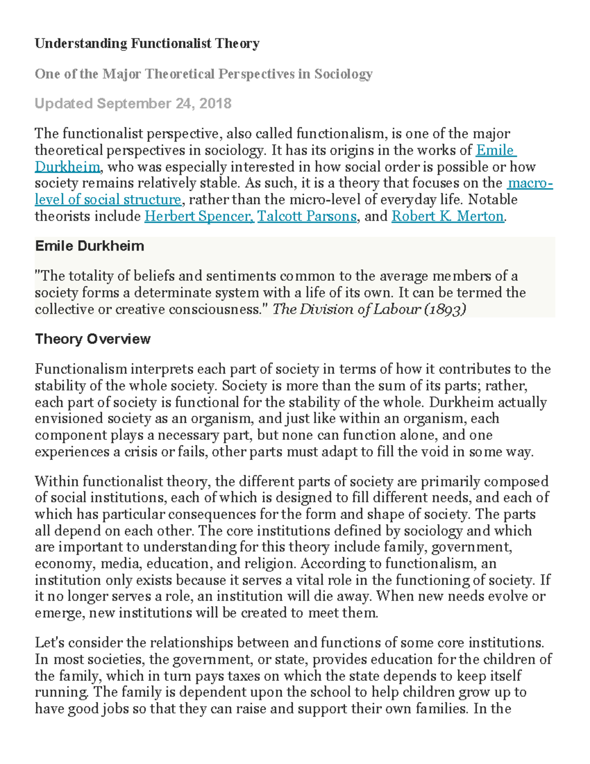 Sociological foundations - Understanding Functionalist Theory One of ...