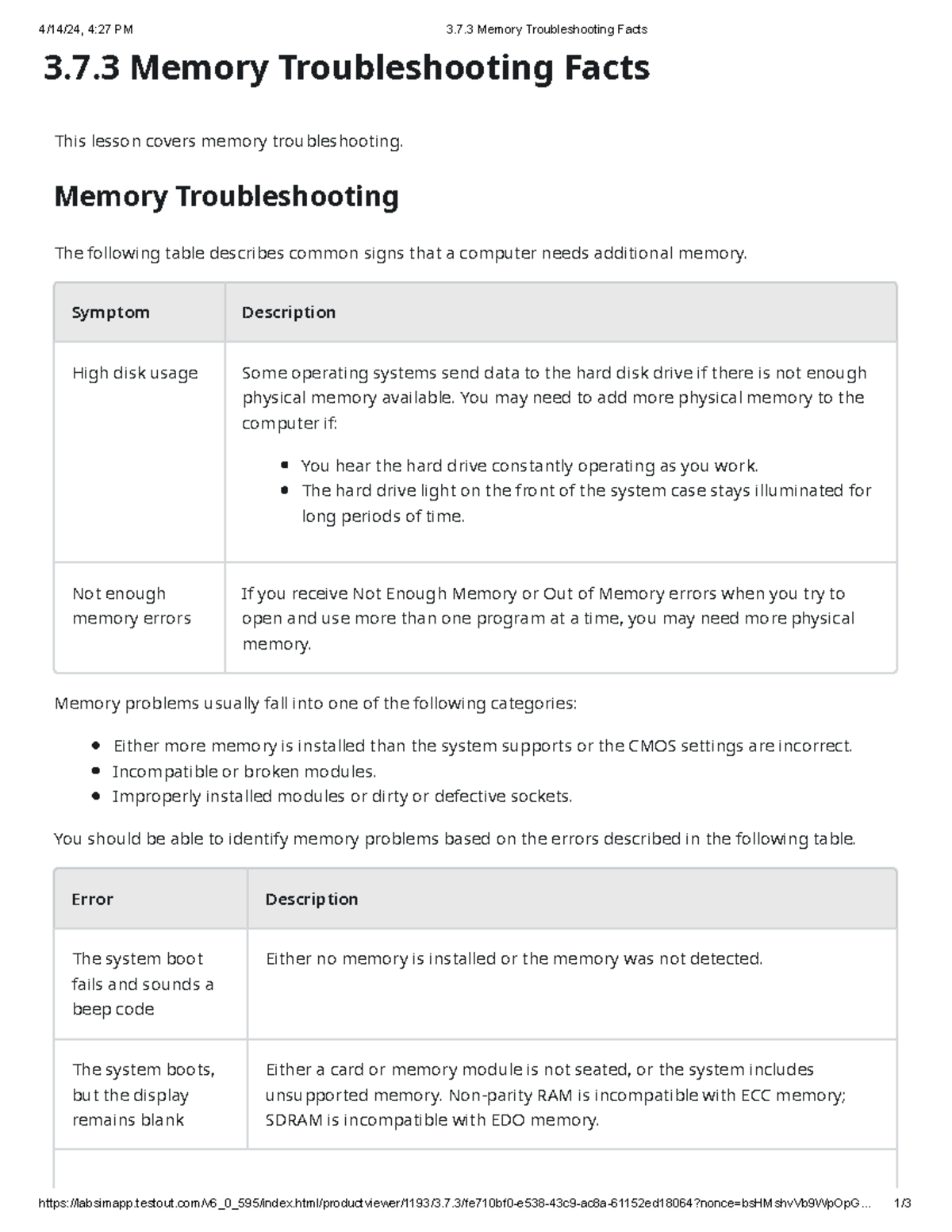 Memory troubleshooting - 4/14/24, 4:27 PM 3.7 Memory Troubleshooting ...