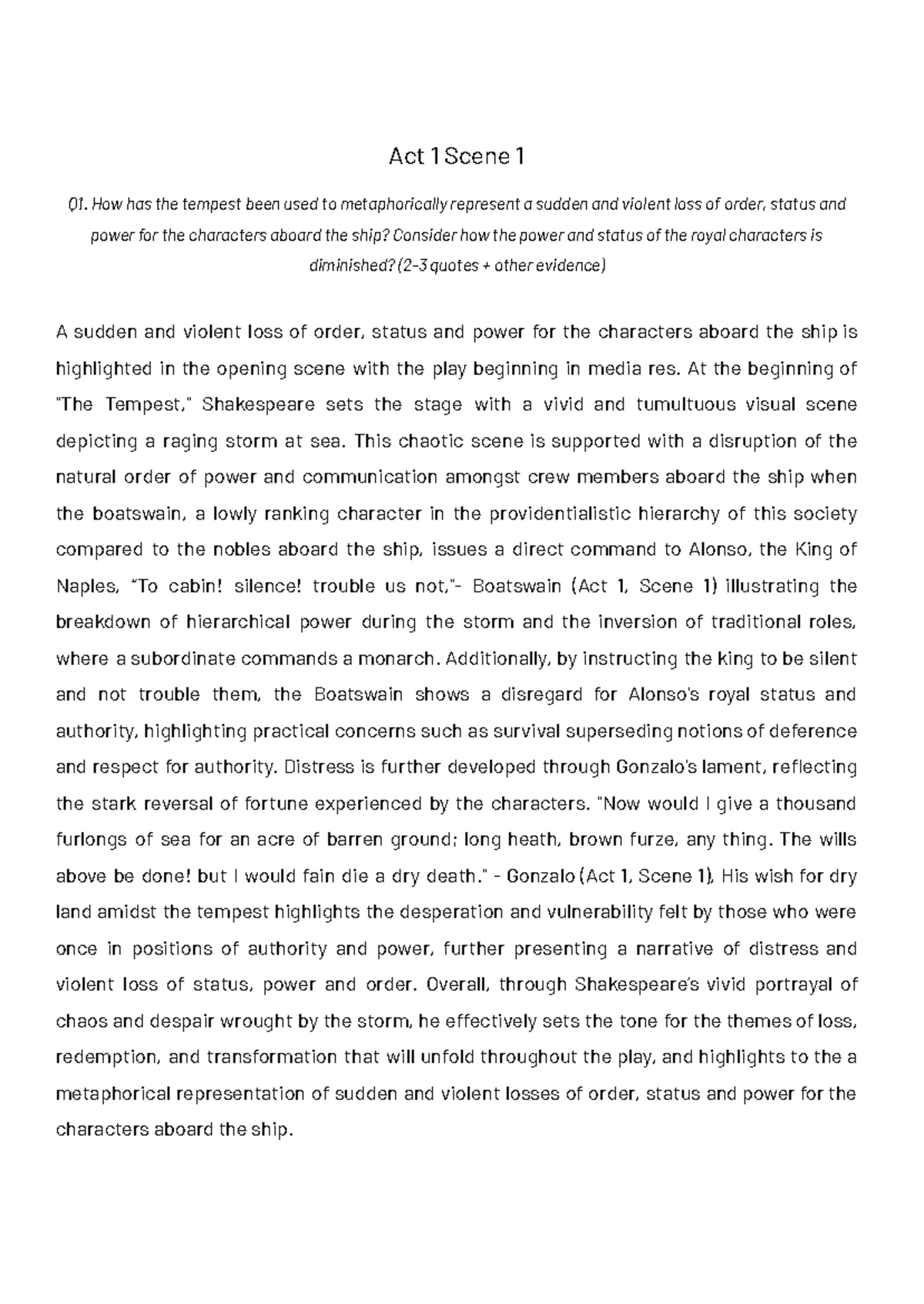 Act 1 Practice Qs & Para's - Act 1 Scene 1 Q1. How has the tempest been ...