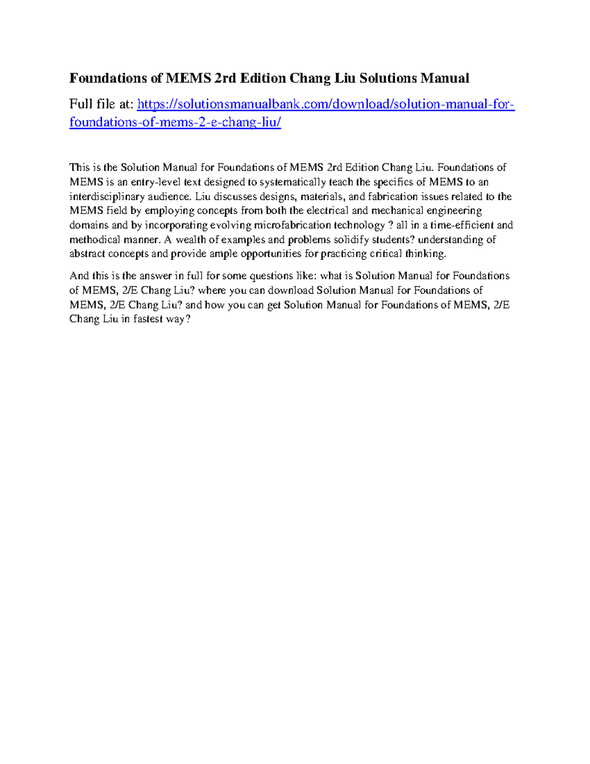 Pdfcoffee - Foundations of MEMS 2rd Edition Chang Liu Solutions Manual Full file at: - Studocu