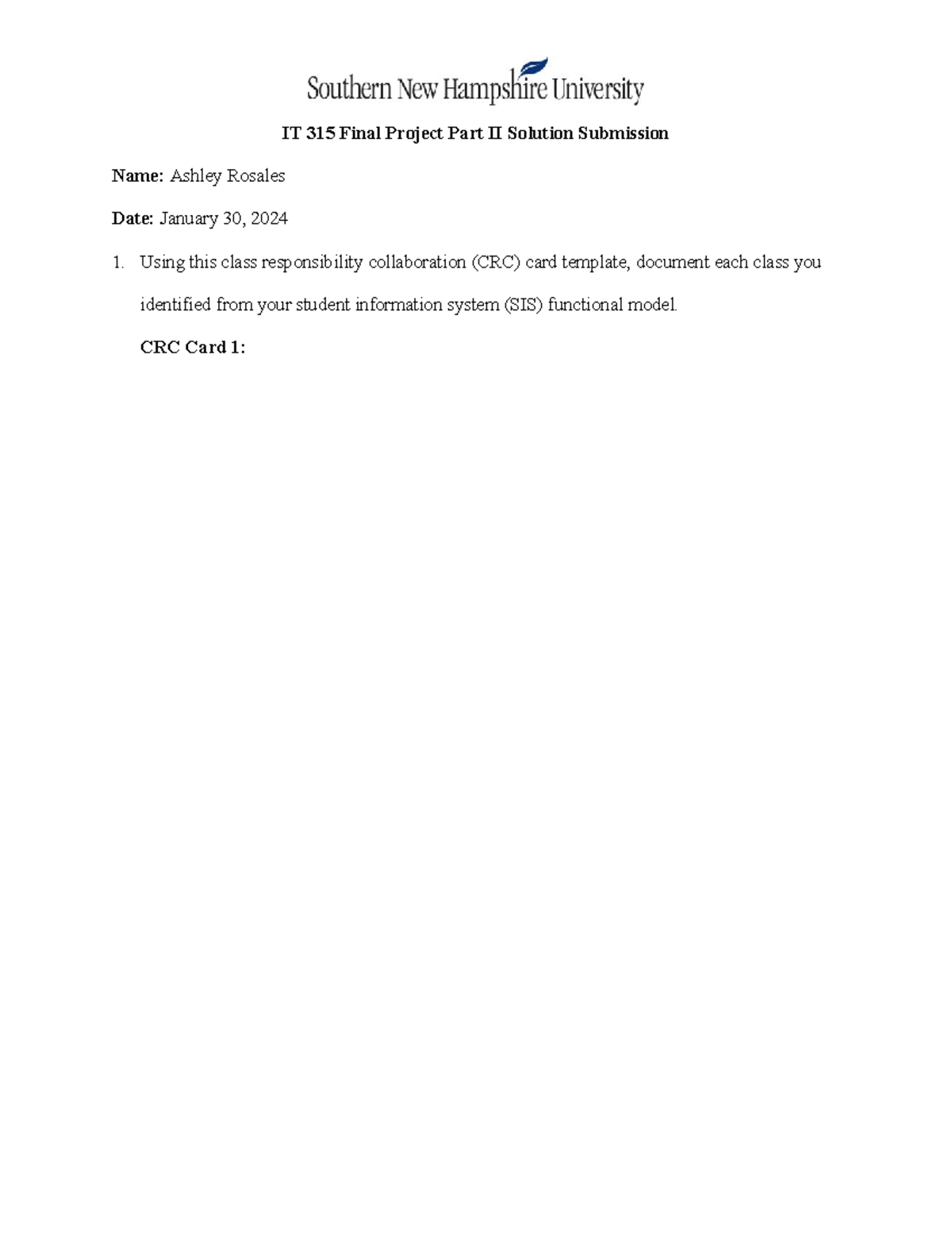 IT 315 Final Project Part II Solution Submission - CRC Card 1: Front: Class Name: Course ID: CO ...