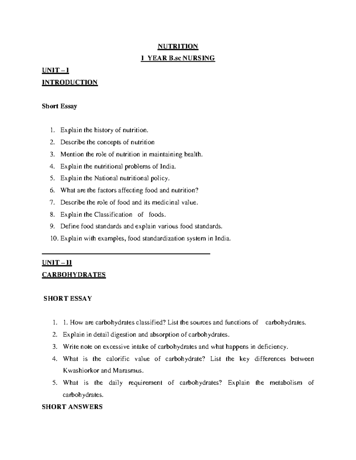 Nutrition blue print - NUTRITION I YEAR B NURSING UNIT – I INTRODUCTION ...