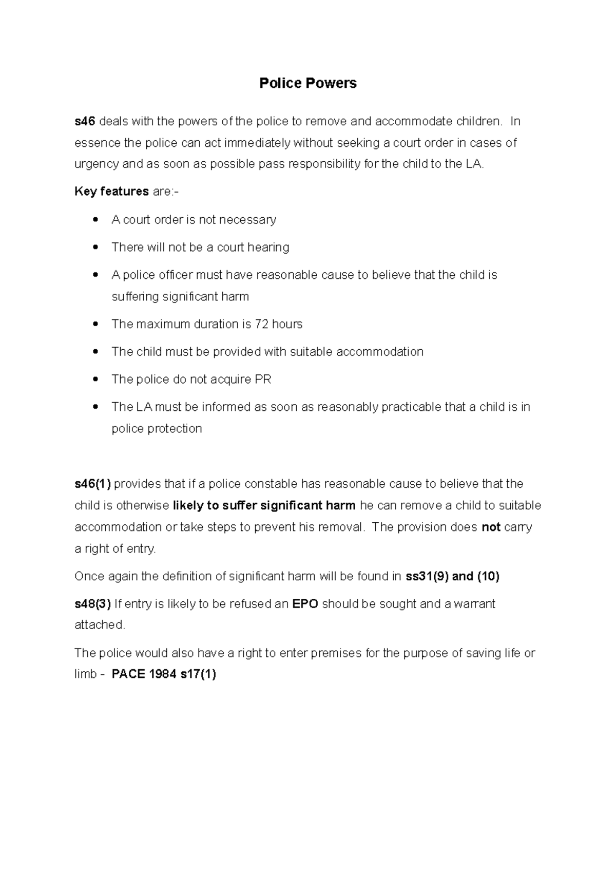 Police Powers - Notes - Police Powers s46 deals with the powers of the ...