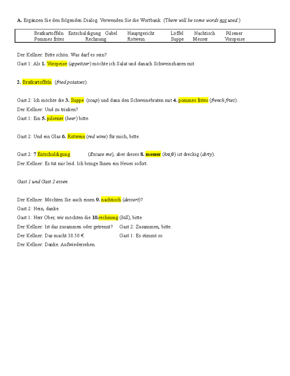 A.h - Kapitel 6 Dialogue im Restaurant - A. Ergänzen Sie den folgenden ...