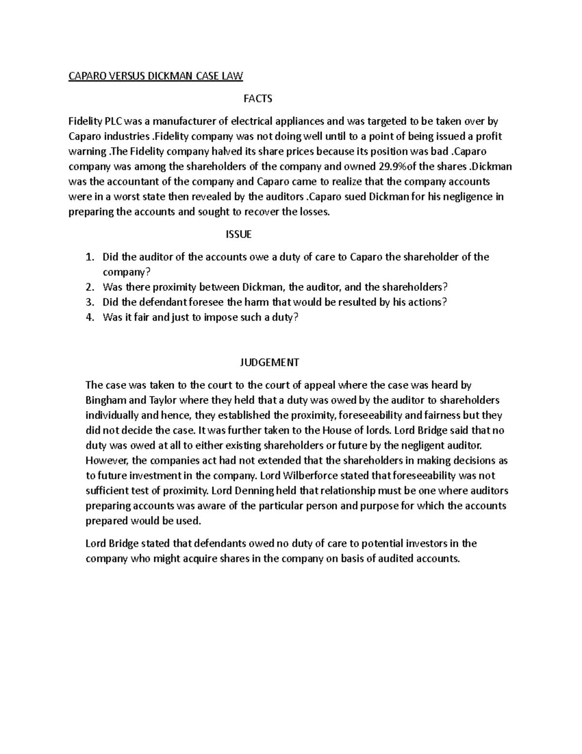 Caparo Versus Dickman CASE LAW - CAPARO VERSUS DICKMAN CASE LAW FACTS ...