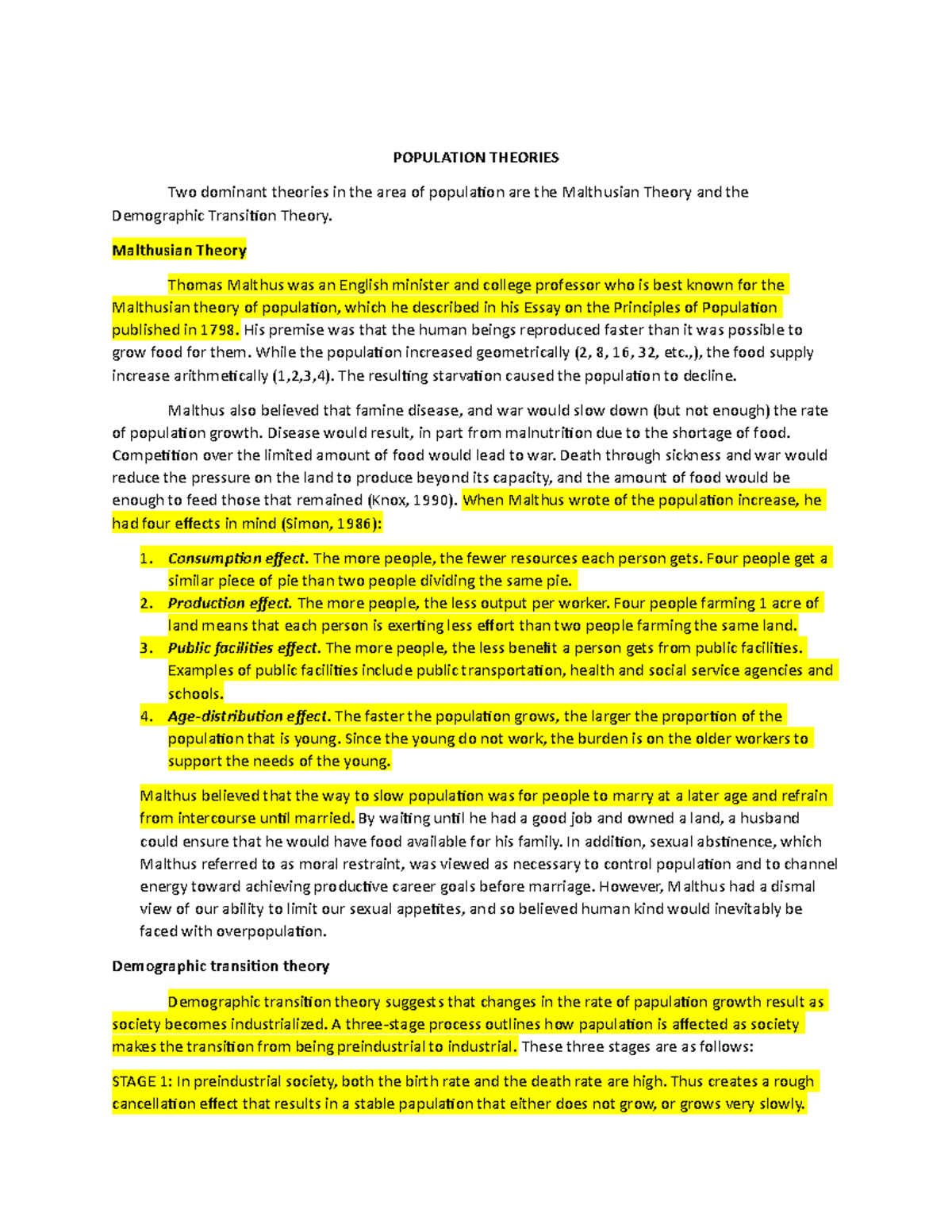 Population Theories Contemporary Highlighted - POPULATION THEORIES Two ...