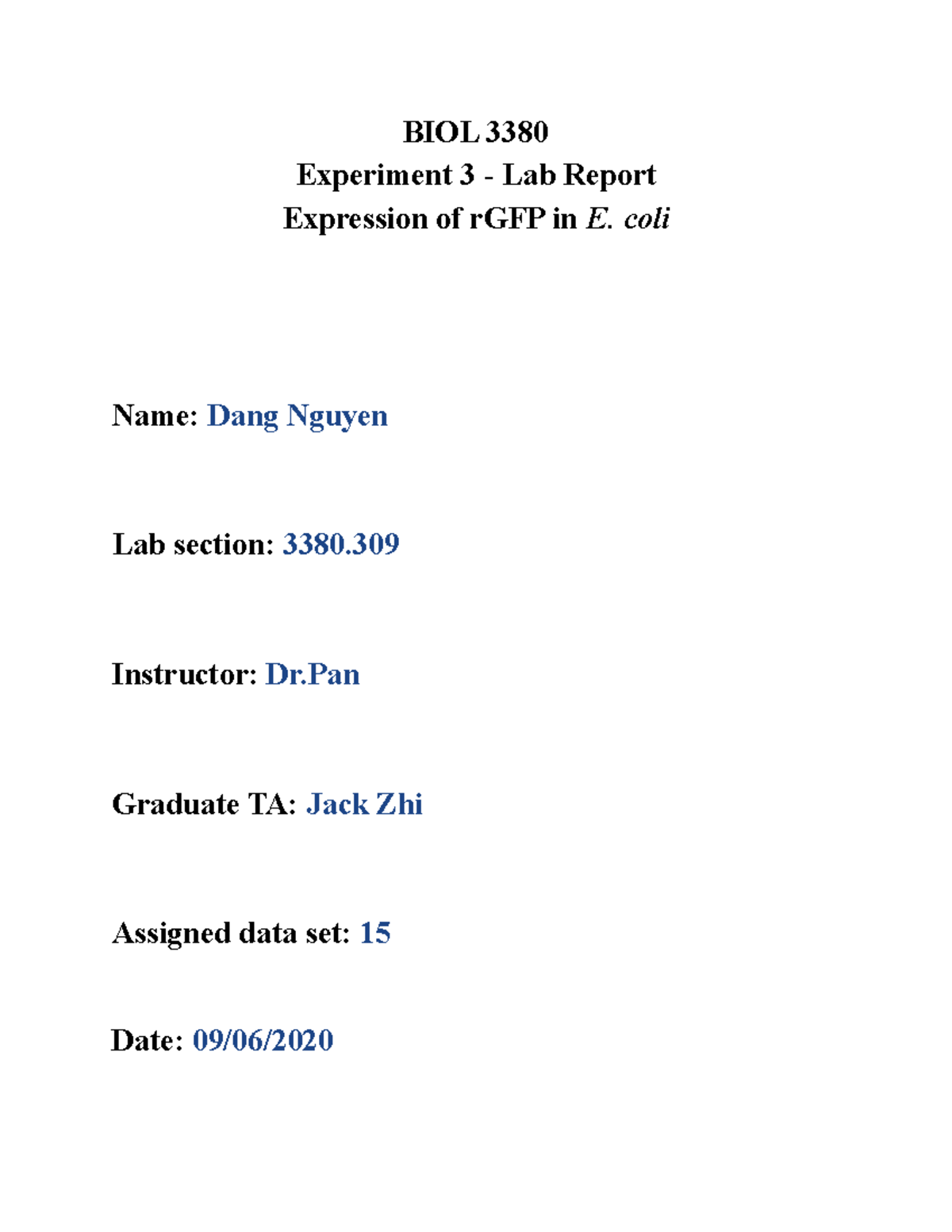 Experiment 3 - Lab Report - BIOL 3380 Experiment 3 - Lab Report ...