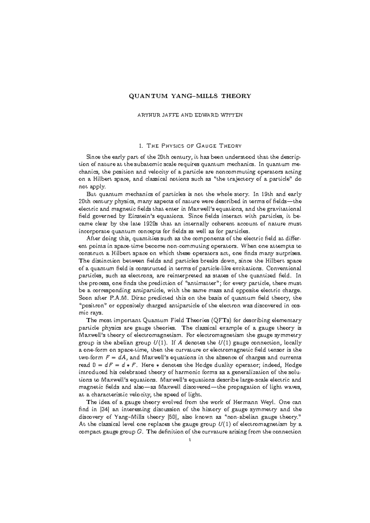 Yangmills - reference reading - QUANTUM YANG–MILLS THEORY ARTHUR JAFFE ...
