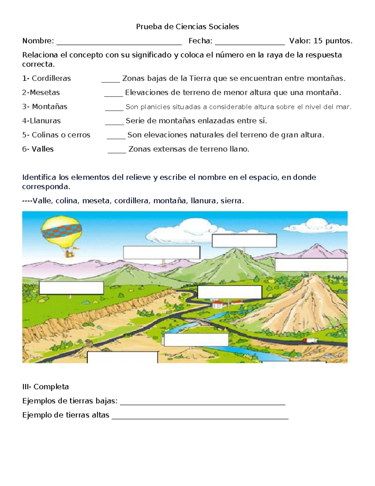 Taller de Ciencias Sociales sobre el relieve - Prueba de Ciencias ...