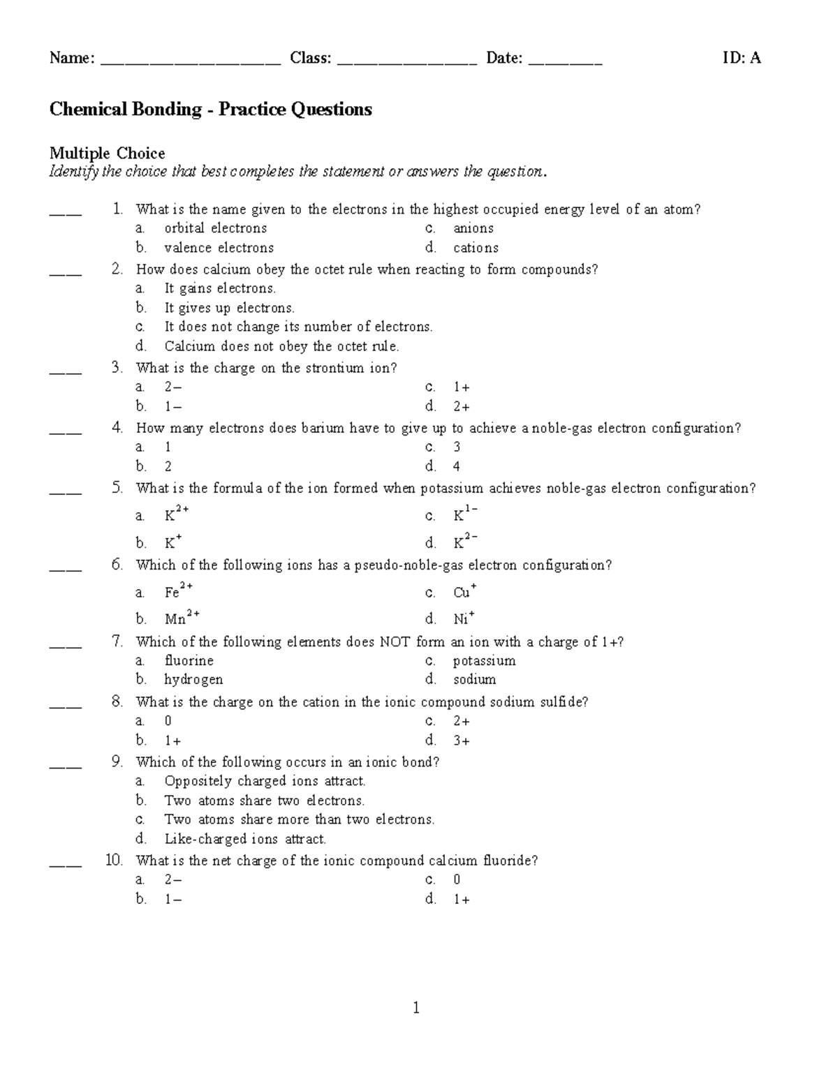 Chemical bonding practice answer key - Name ...