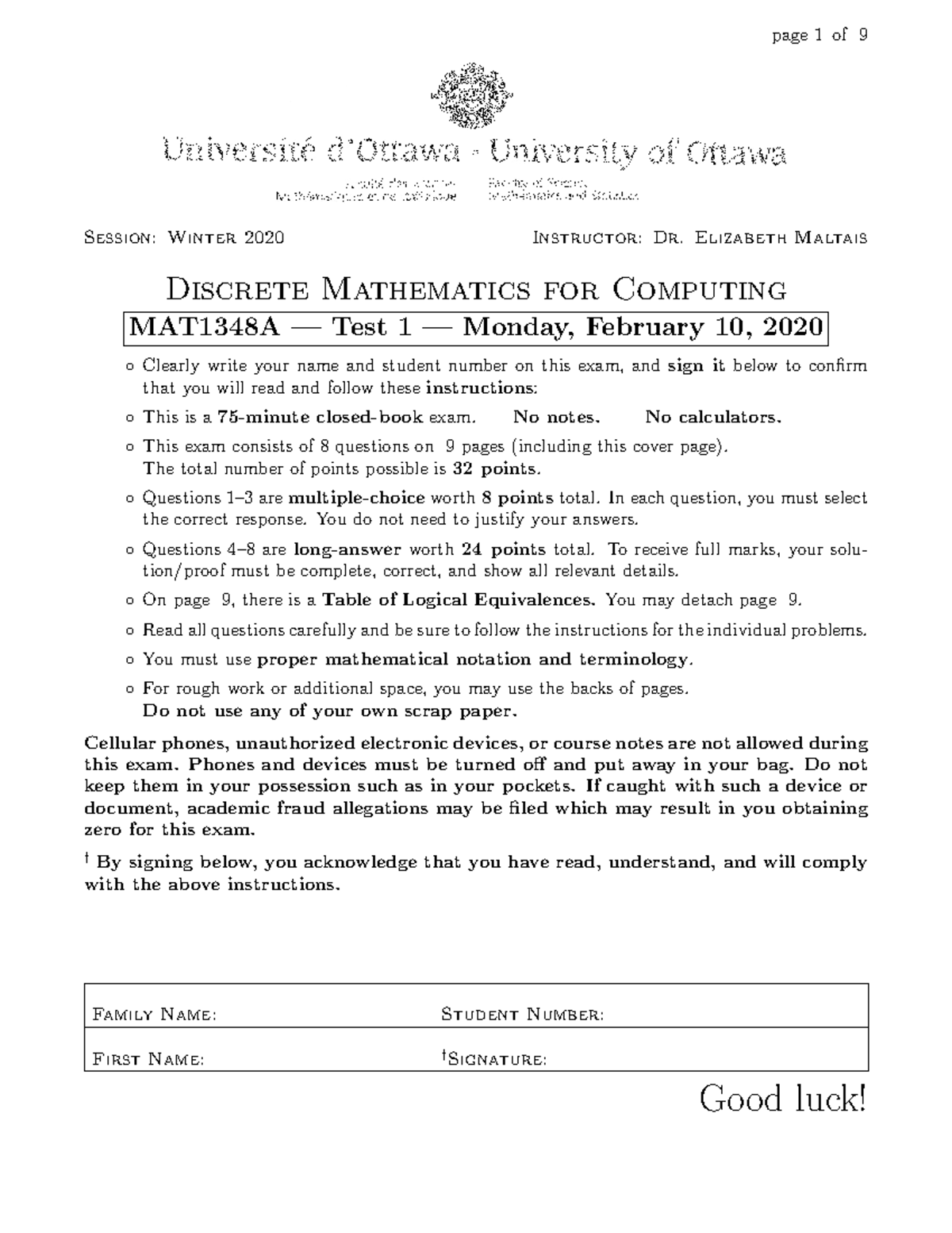 Mat1348a 20201 test1 version A - Session: Winter 2020 Instructor: Dr ...